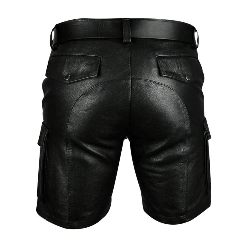 Mens Real Black Leather Cargo Shorts - Clara Leather Jackets