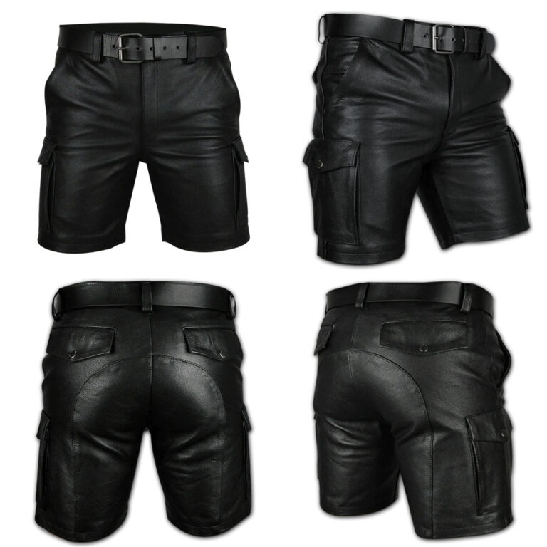 Mens Real Black Leather Cargo Shorts - Clara Leather Jackets